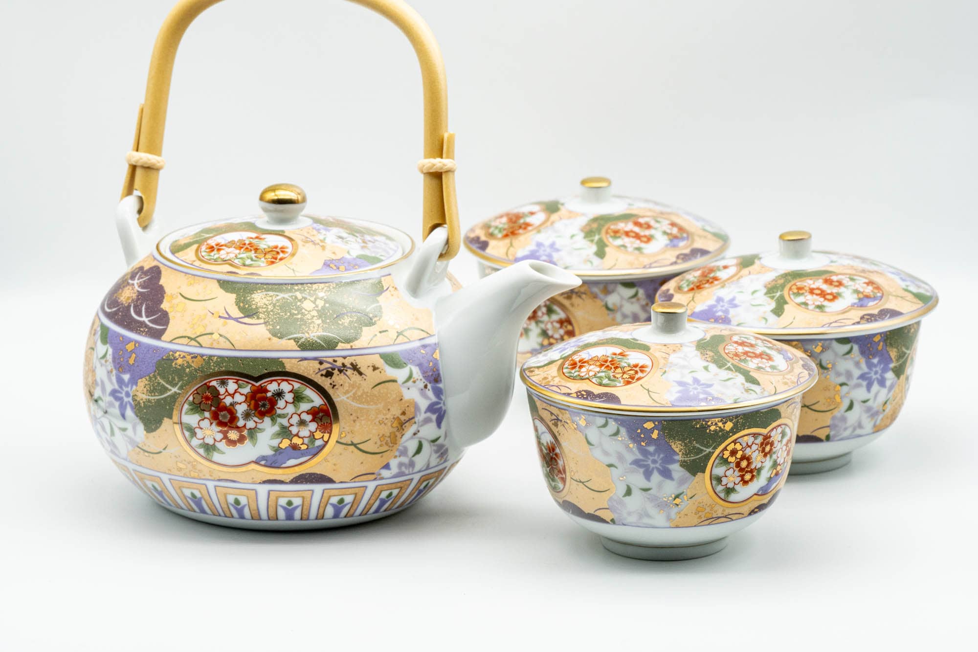 Japanese Tea Set - Floral Arita-yaki Dobin Teapot with 3 Lidded Yunomi ...