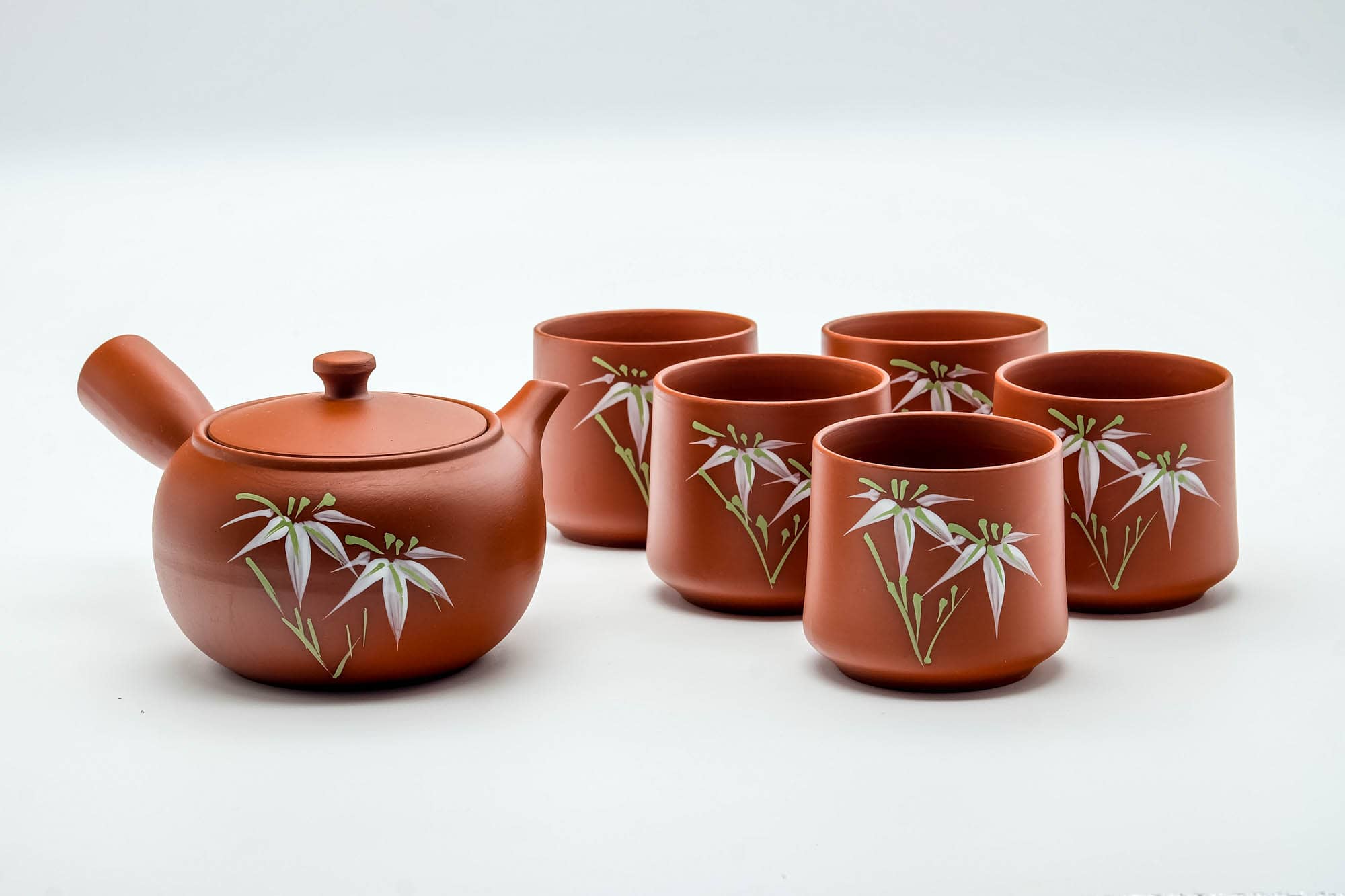 Japanese Tea Set - Bamboo Painted Tokoname-yaki Kyusu Teapot with 5 Yu ...